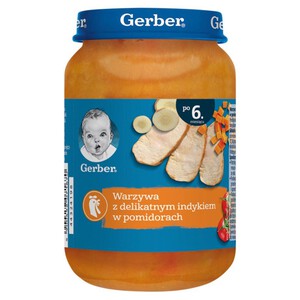 Warzywa z delikatnym indykiem w pomidorach po 6. miesiącu Gerber 190 g – AuchanPL Artykuły ...